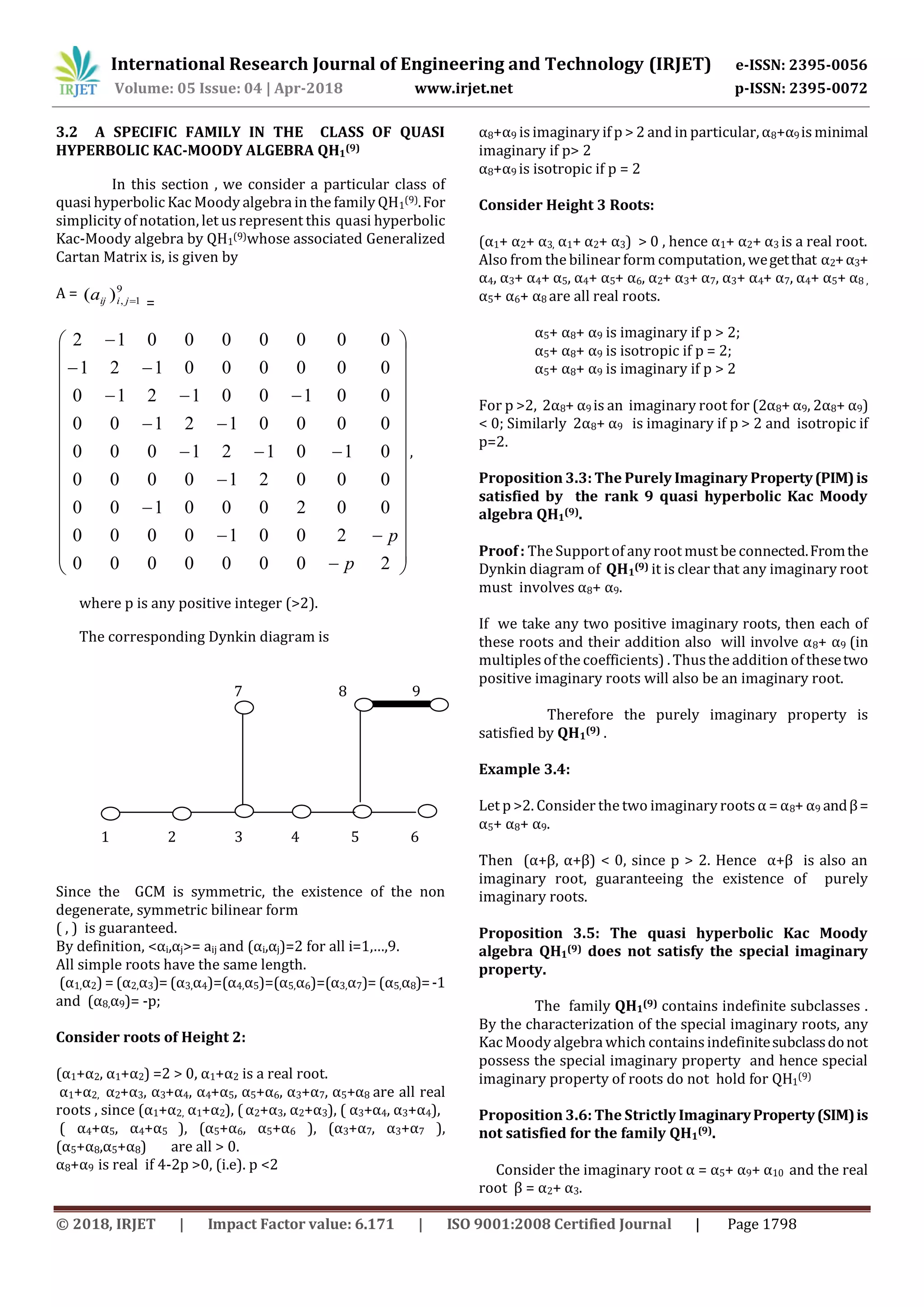 IRJET- Classification of Dynkin diagrams & imaginary roots of Quasi hyperbolic Kac Moody ...