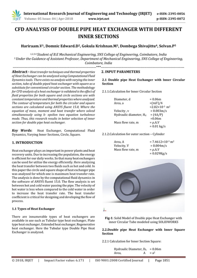 IRJET- CFD Analysis of Double Pipe Heat Exchanger with Different Inner Sections | PDF
