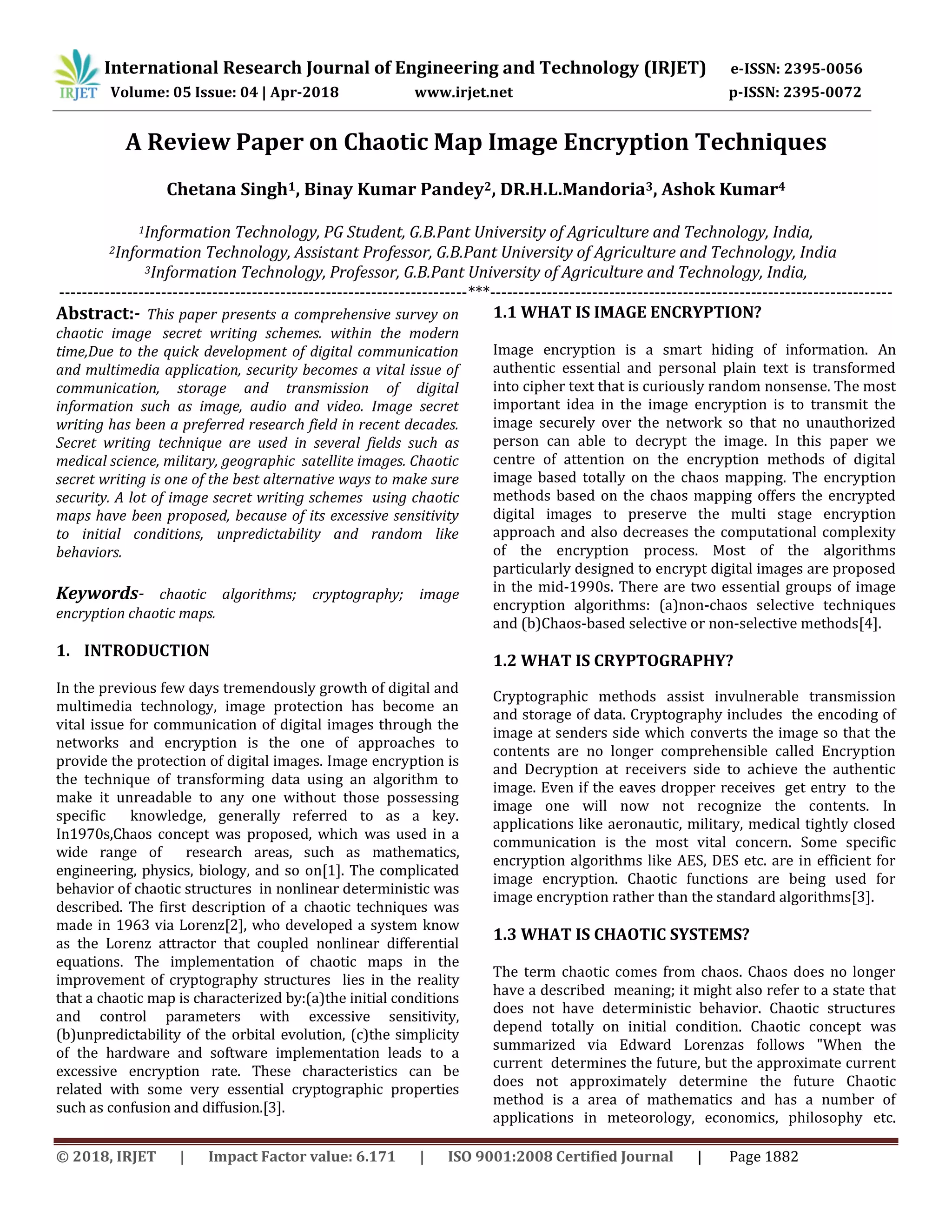 IRJET- A Review Paper on Chaotic Map Image Encryption Techniques | PDF