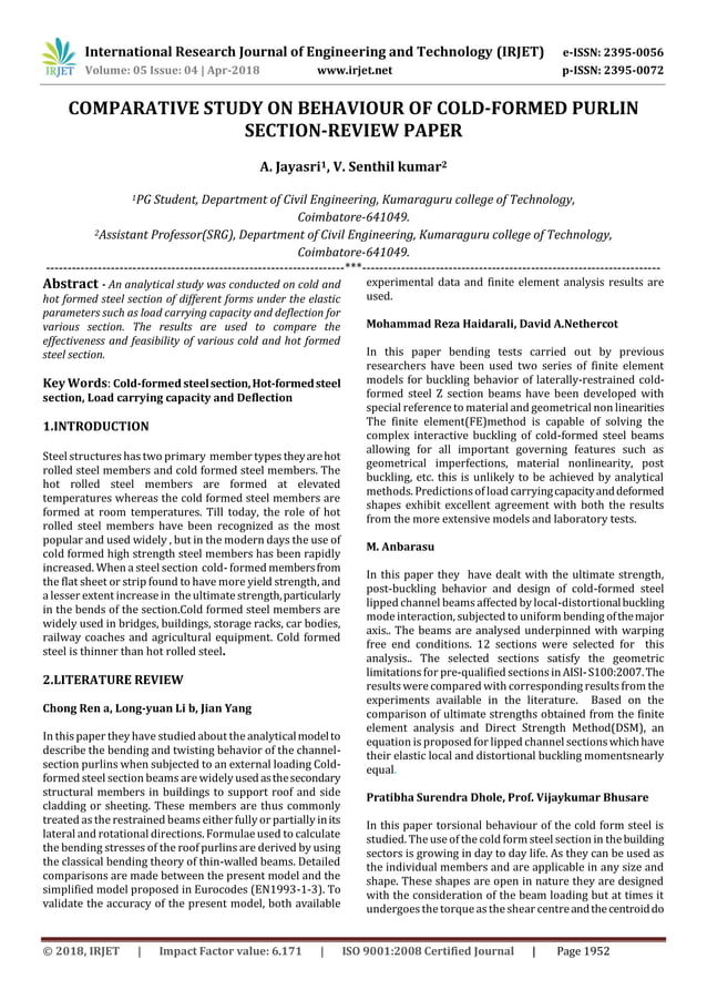 IRJET- Comparative Study on Behaviour of Cold-Formed Purlin Section ...