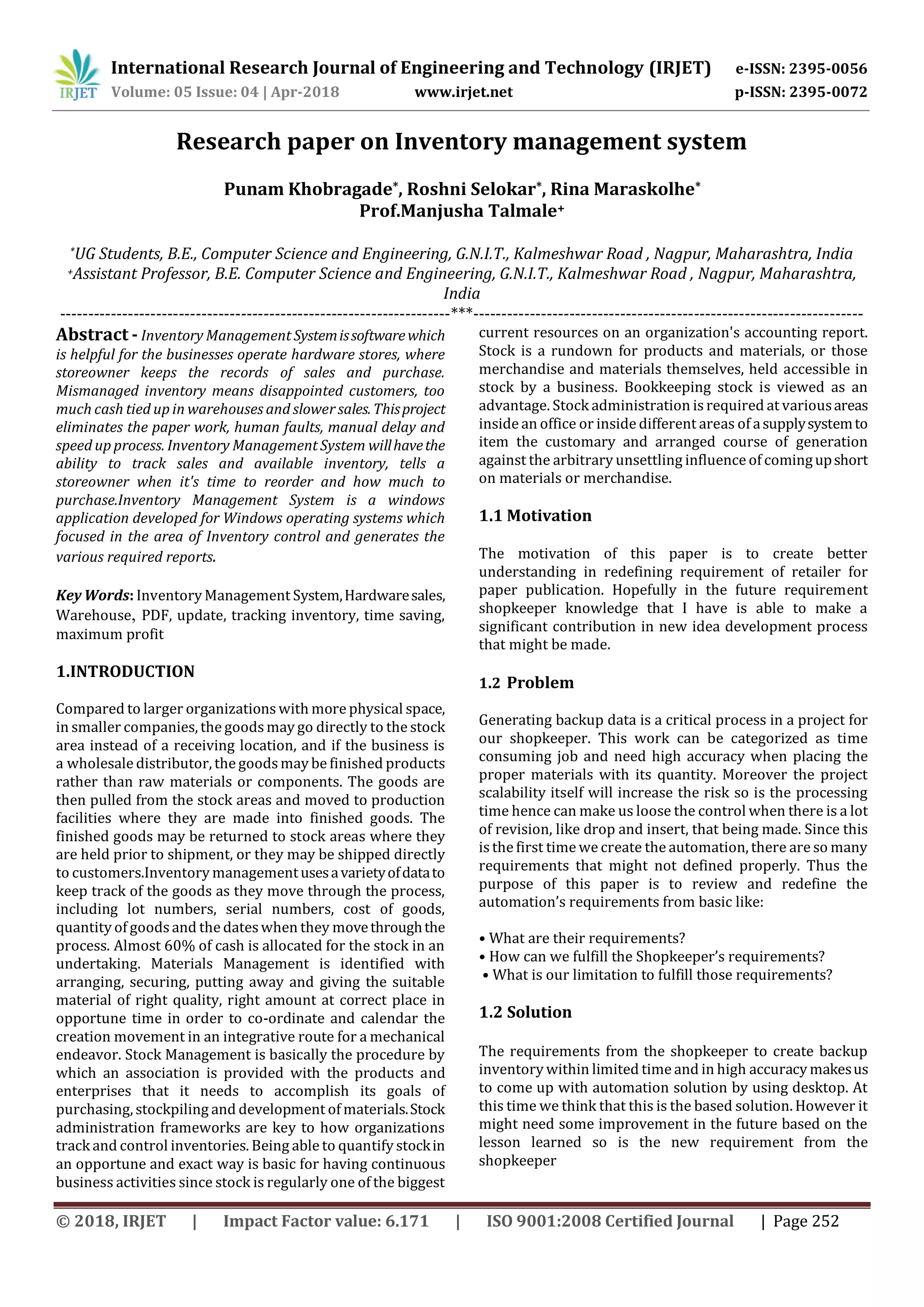 IRJET- Research Paper on Inventory Management System | PDF