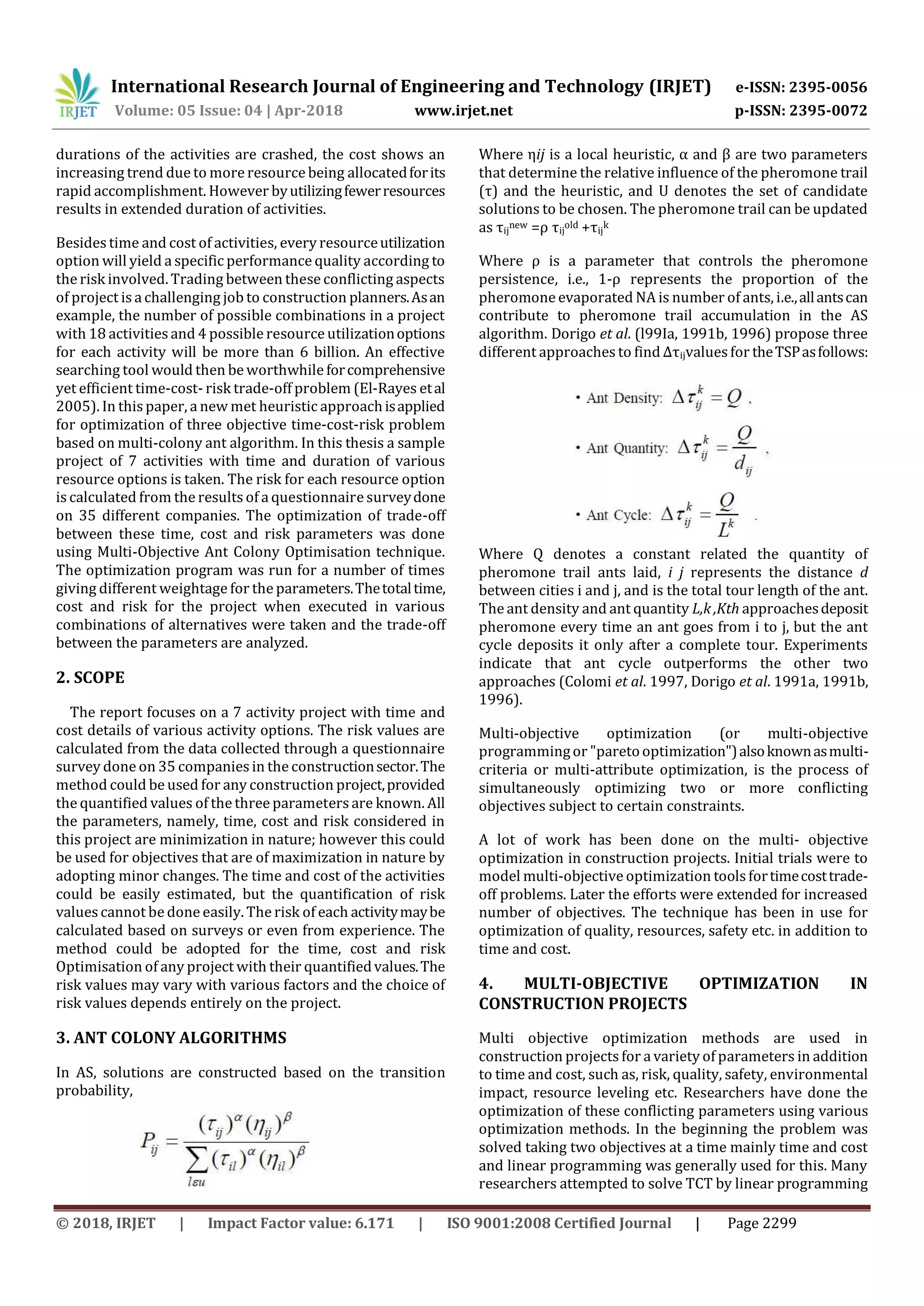 Time Cost Risk Optimization In Construction Work By Using Ant Colony Algorithm Pdf