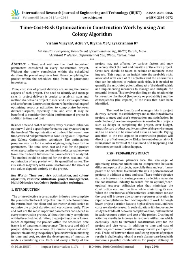 Time Cost Risk Optimization In Construction Work By Using Ant Colony Algorithm Pdf