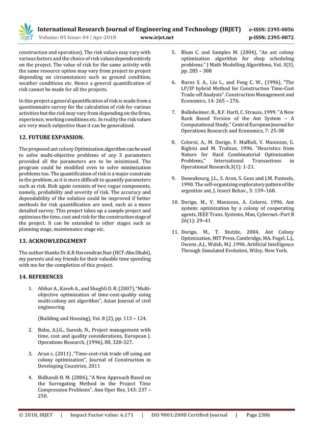 Time Cost Risk Optimization In Construction Work By Using Ant Colony Algorithm Pdf