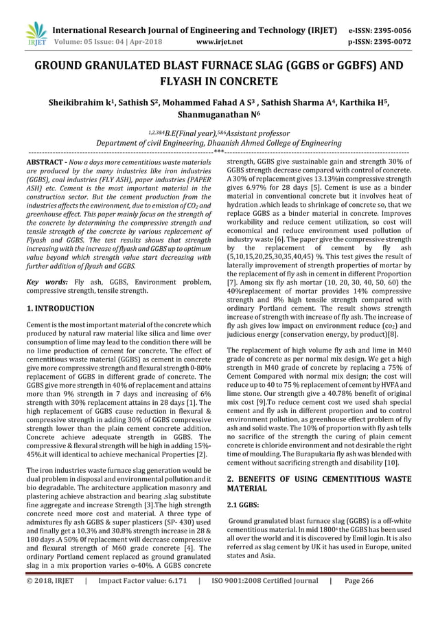 IRJET- Ground Granulated Blast Furnace Slag (GGBS or GGBFS) and Flyash in Concrete | PDF | Civil ...