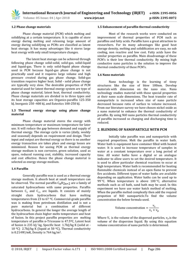 IRJET- Performance Analysis of PCM based Thermal Energy Storage System Containing Nanoparticles ...