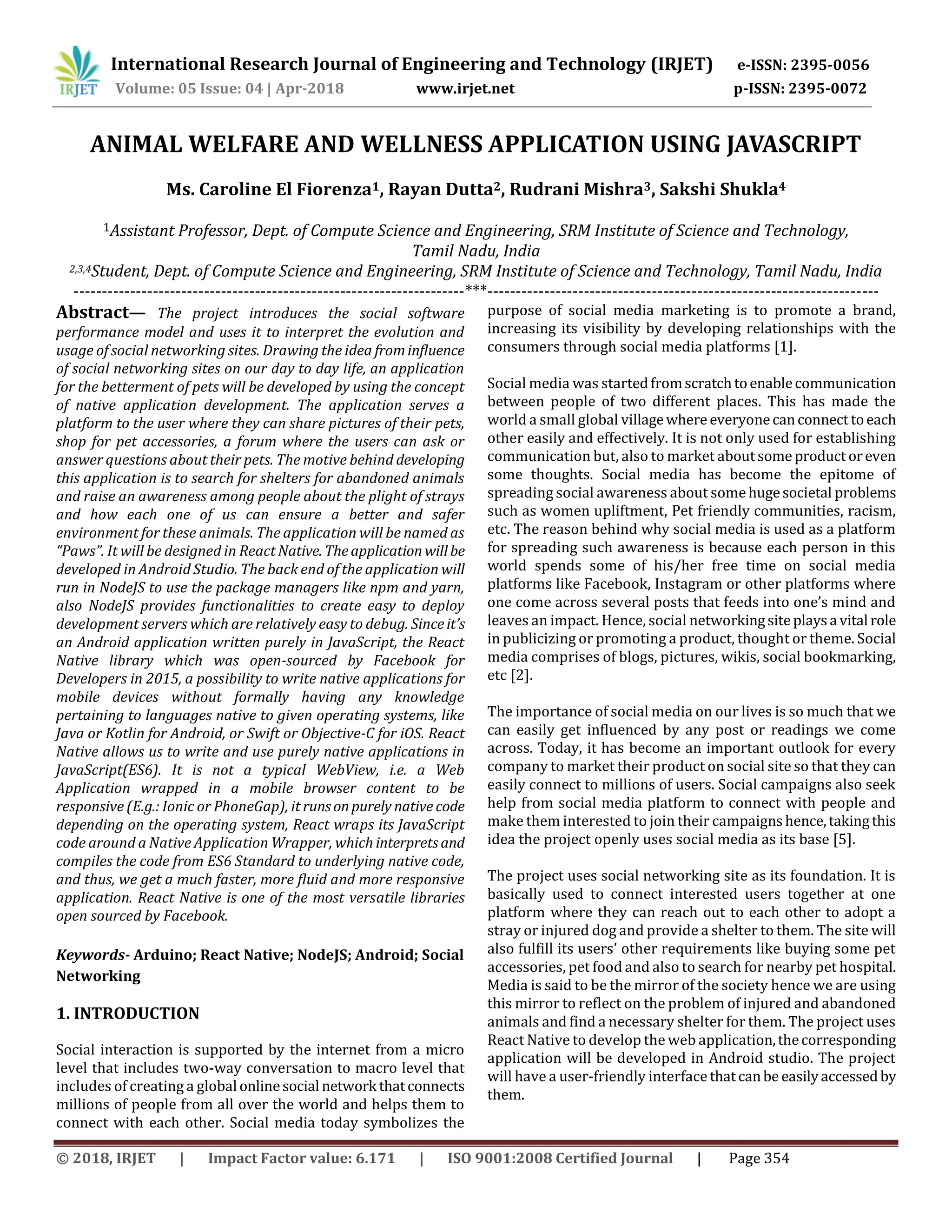 IRJET- Animal Welfare and Wellness Application using Javascript | PDF