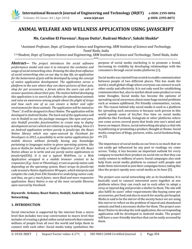 IRJET- Animal Welfare and Wellness Application using Javascript | PDF