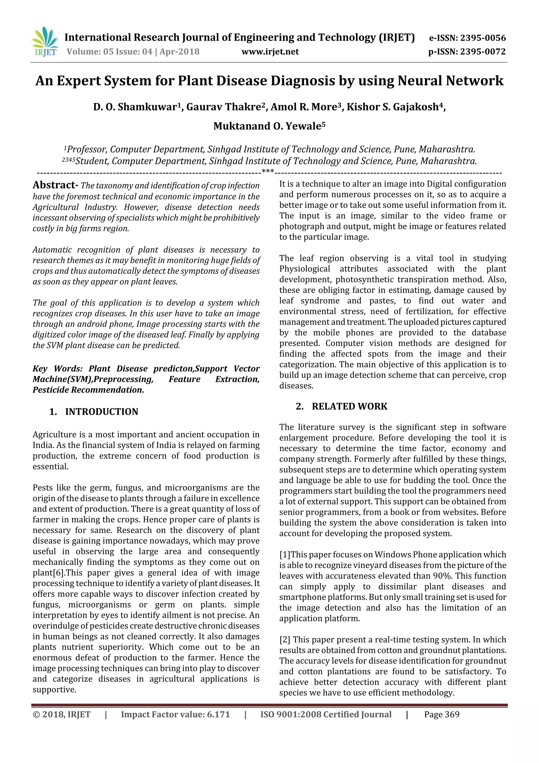 IRJET- An Expert System for Plant Disease Diagnosis by using Neural Network | PDF