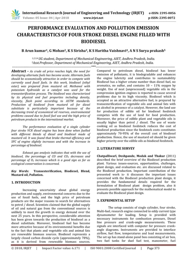 IRJET- Performance Evaluation and Pollution Emission Characteristics of Four Stroke Diesel ...