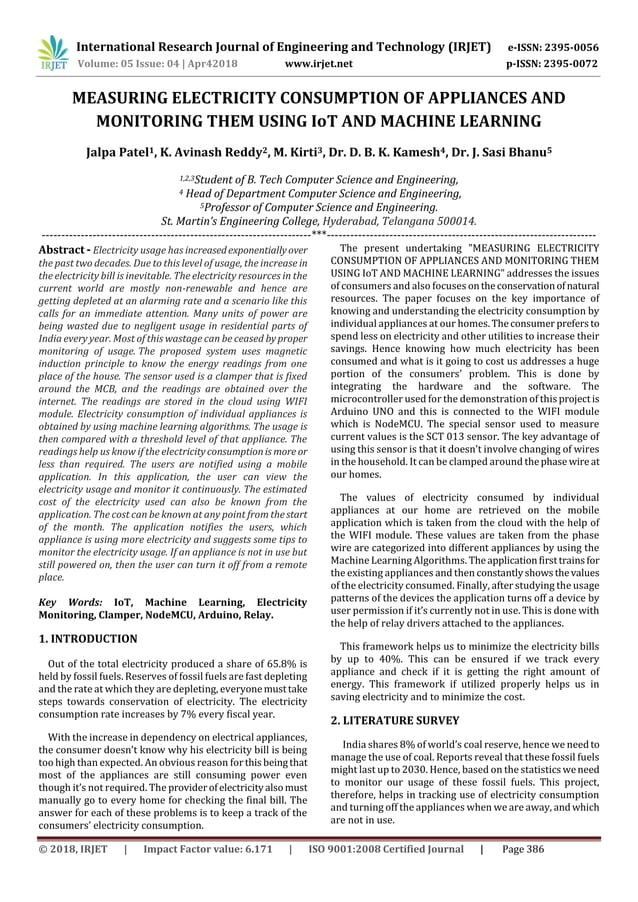 IRJET- Measuring Electricity Consumption of Appliances and Monitoring them using IoT and Machine ...