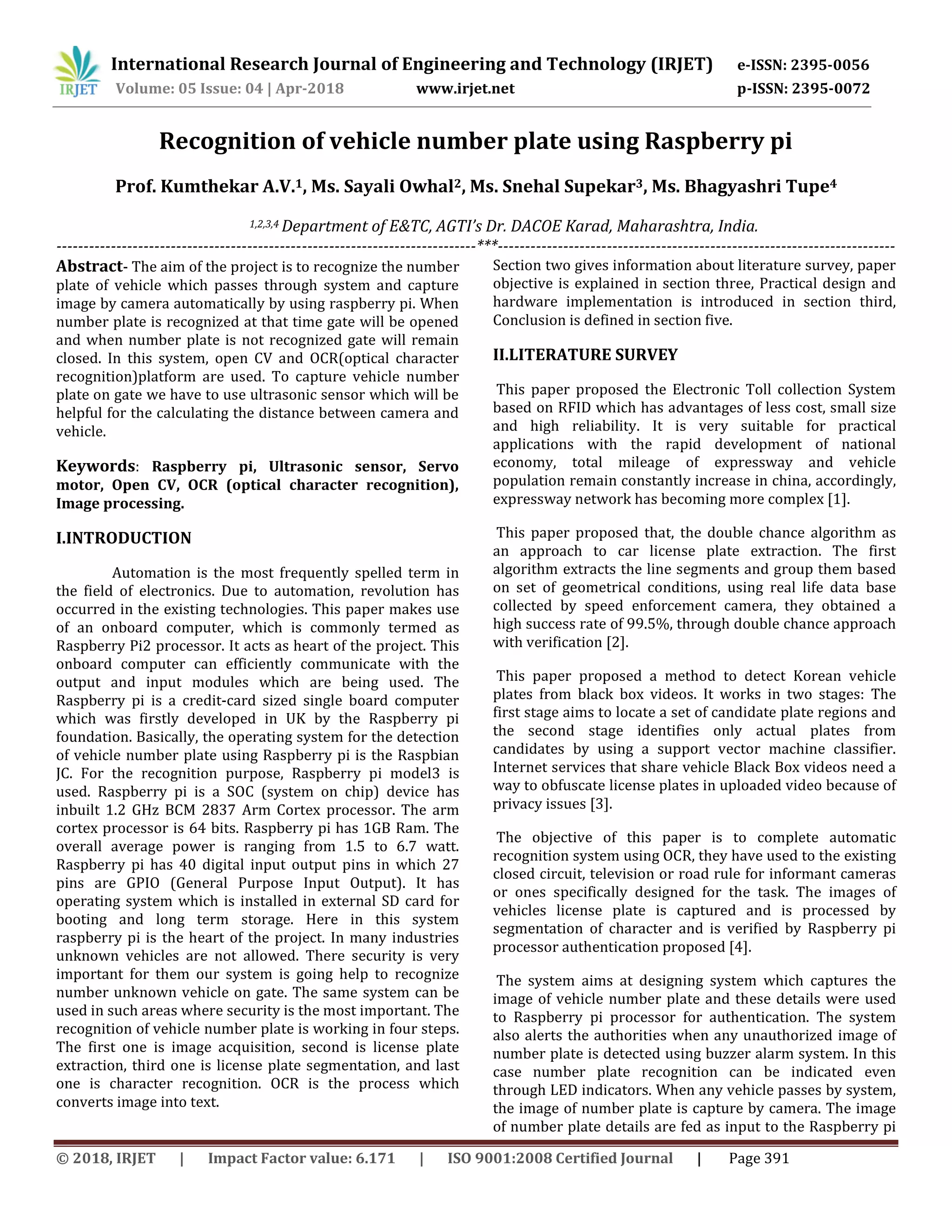 IRJET- Recognition of Vehicle Number Plate using Raspberry PI | PDF