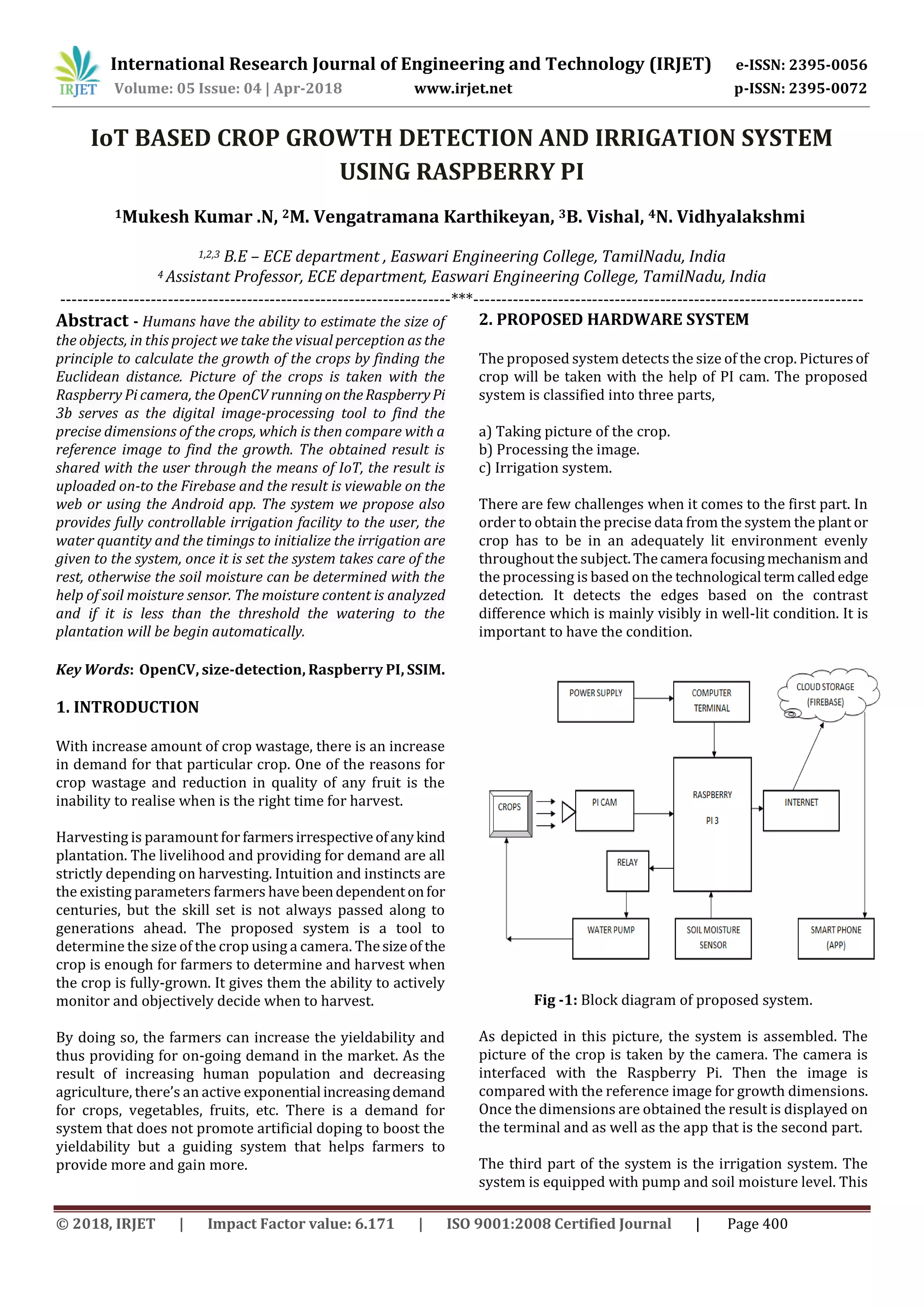 IRJET- IoT Based Crop Growth Detection and Irrigation System using Raspberry PI | PDF
