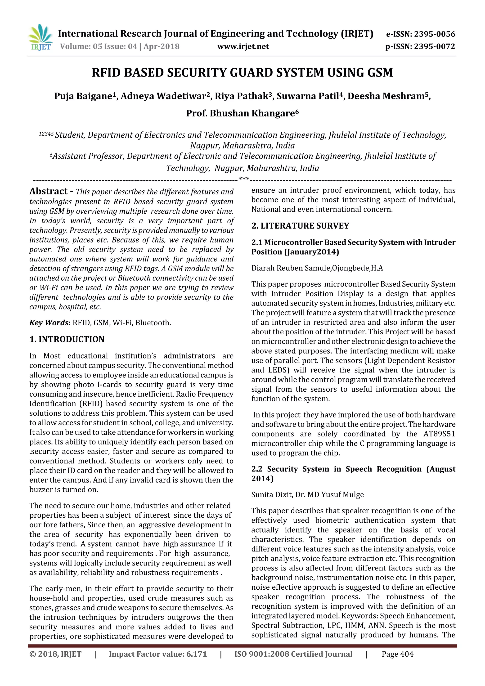 IRJET- RFID Based Security Guard System using GSM | PDF