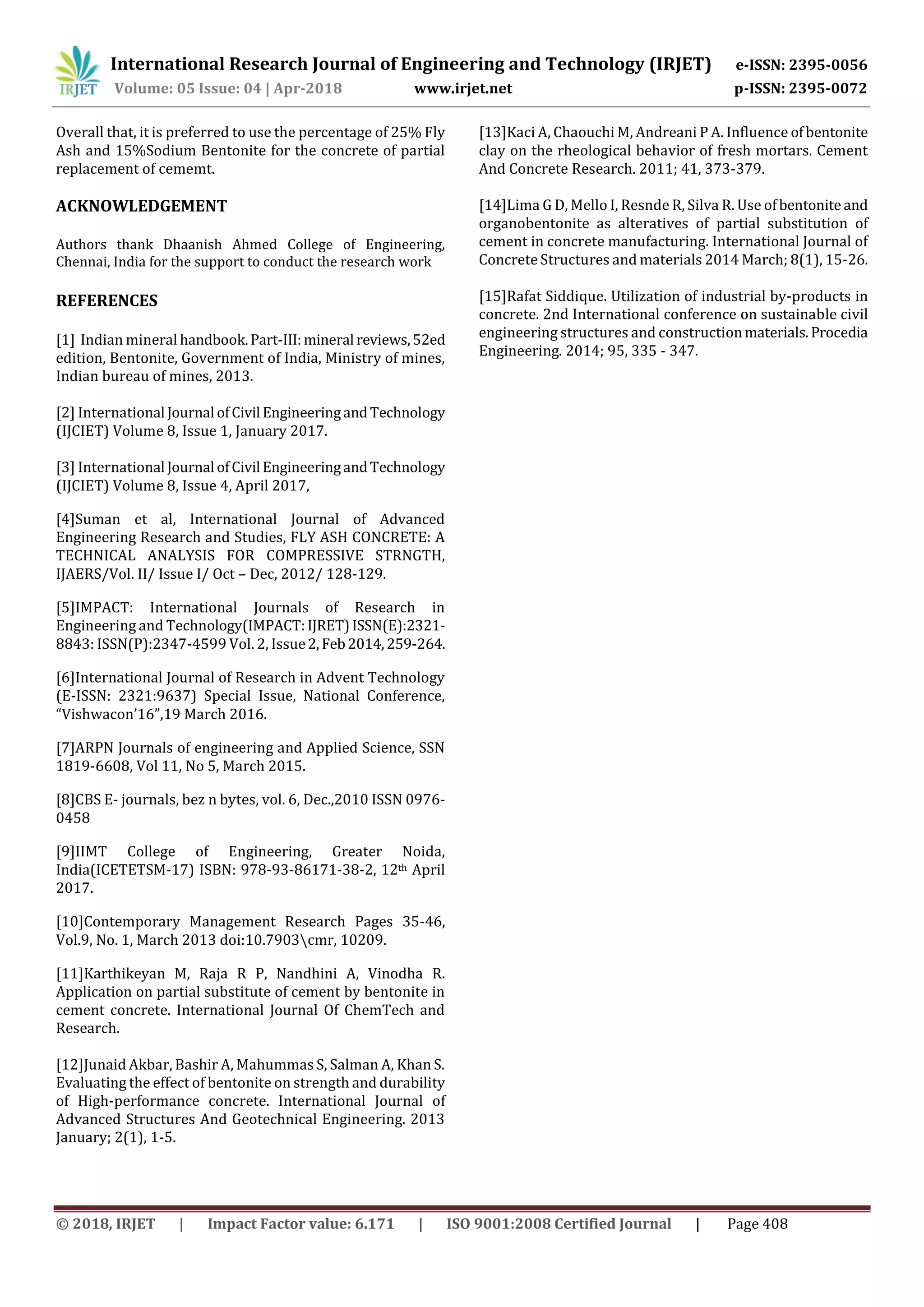 IRJET- Eco-Friendly Concrete by Partial Replacement of Cement with Sodium Bentonite and FlyAsh | PDF