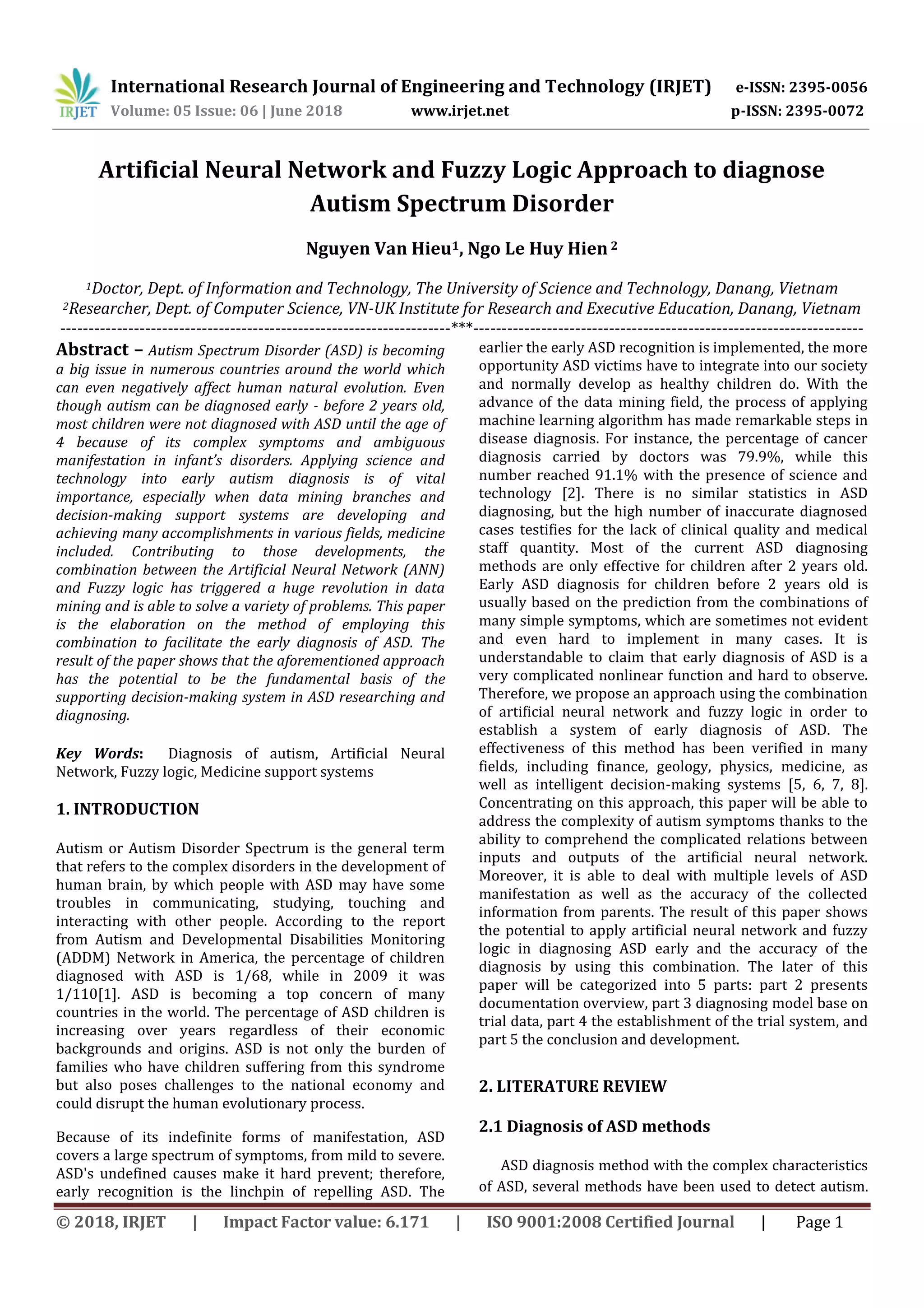 IRJET-Artificial Neural Network and Fuzzy Logic Approach to Diagnose Autism Spectrum Disorder | PDF