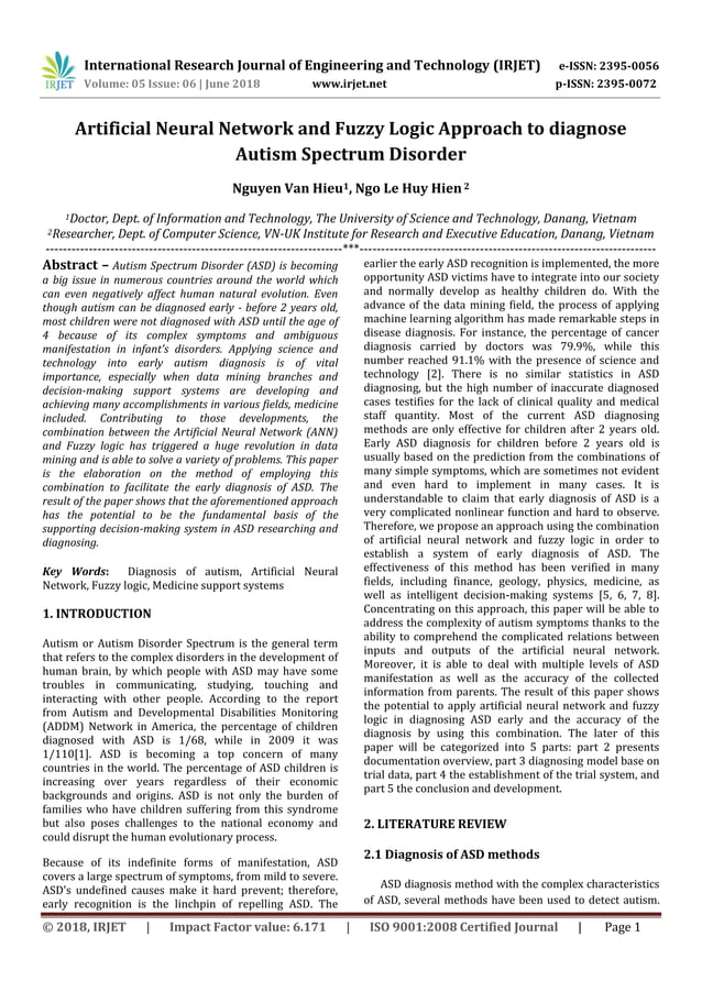 IRJET-Artificial Neural Network and Fuzzy Logic Approach to Diagnose Autism Spectrum Disorder | PDF