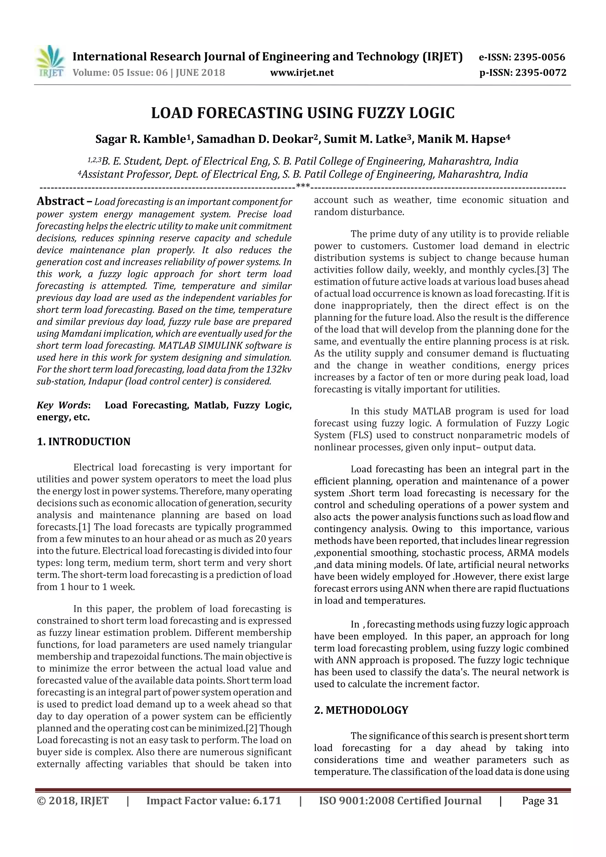 Irjet Load Forecasting Using Fuzzy Logic Pdf