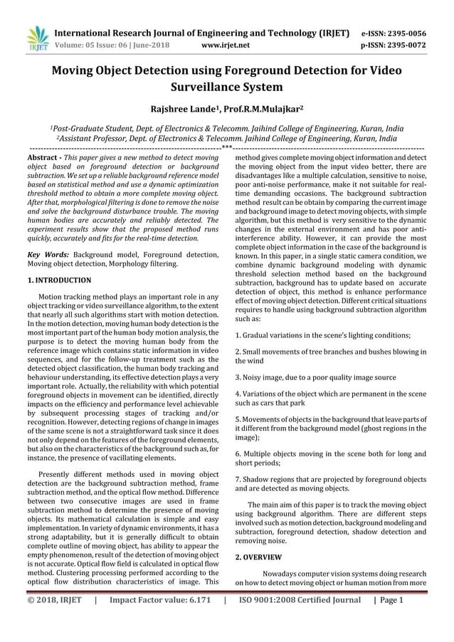 Irjet Moving Object Detection Using Foreground Detection For Video Surveillance System Pdf