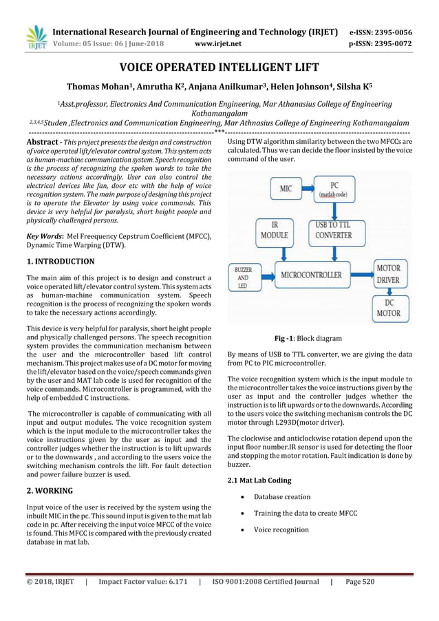 IRJET-Voice Operated Intelligent Lift | PDF | Digital Audio | Computer Software and Applications