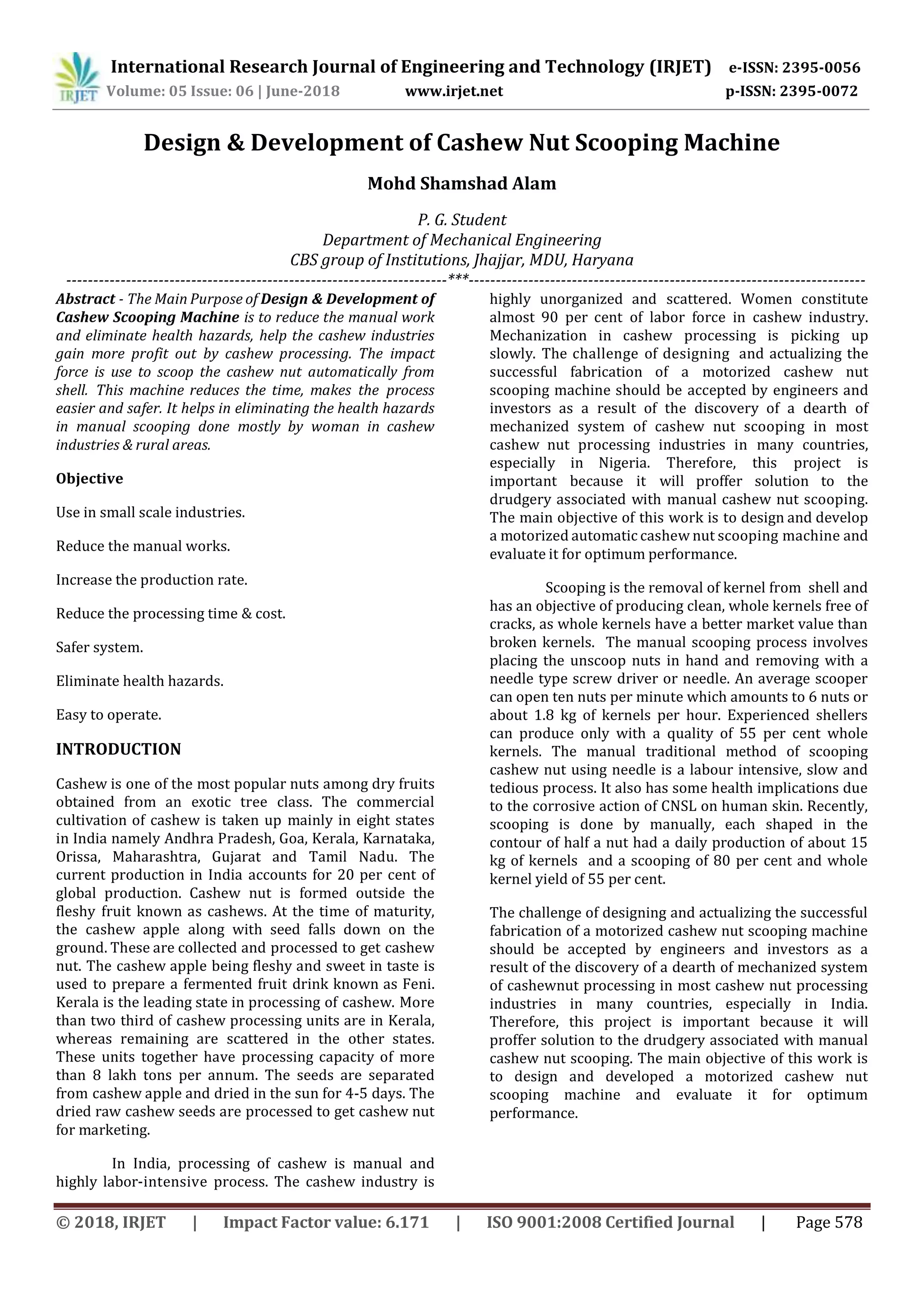 IRJET- Design & Development of Cashew Nut Scooping Machine | PDF