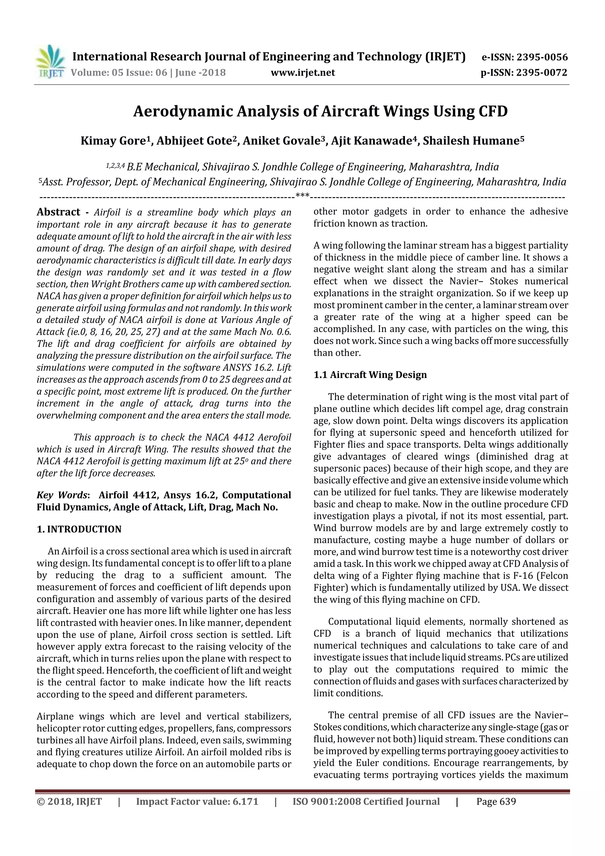 IRJET- Aerodynamic Analysis of Aircraft Wings using CFD | PDF