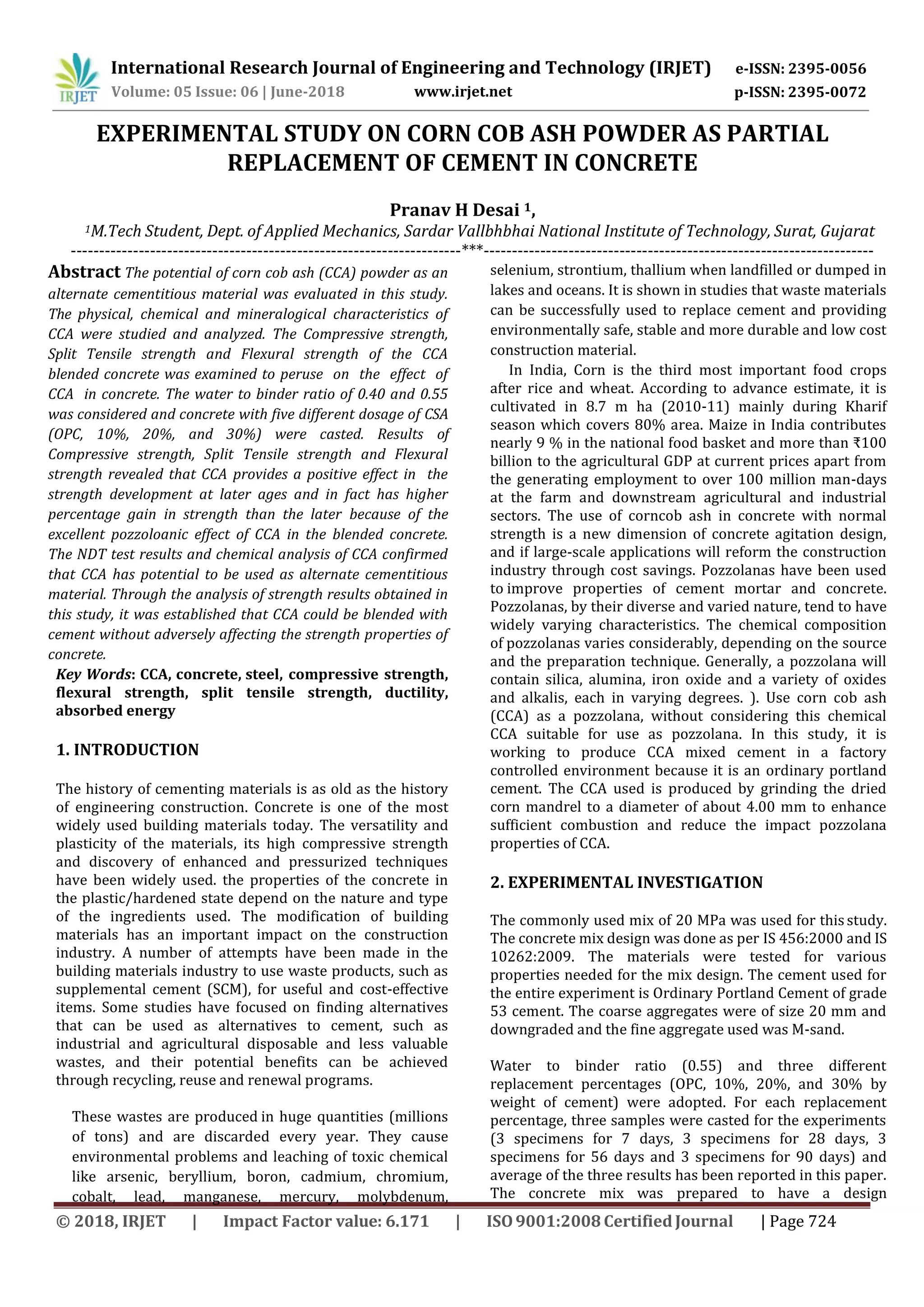 IRJET-Experimental Study on Corn Cob Ash Powder as Partial Replacement ...