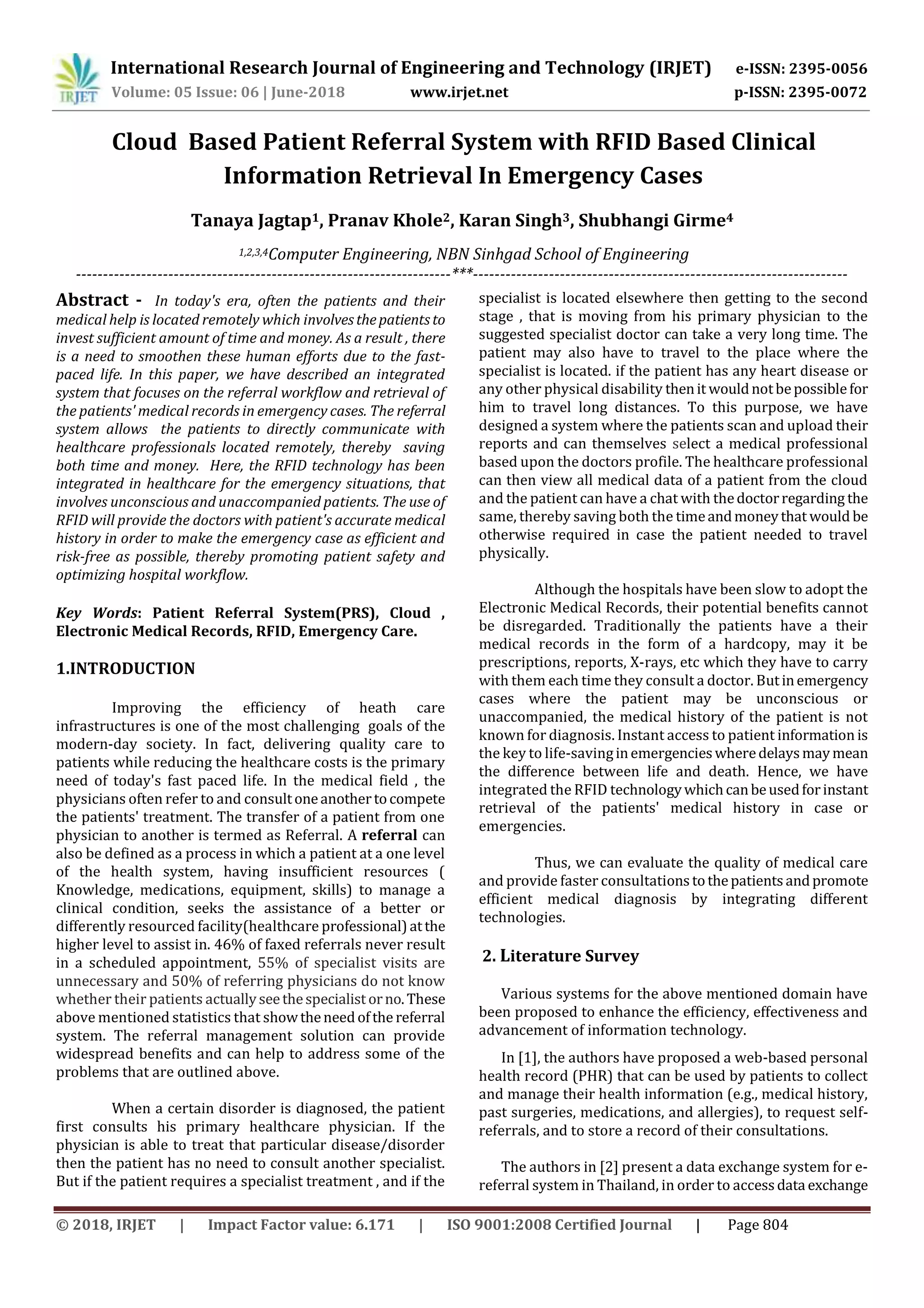 IRJET-Cloud based Patient Referral System with RFID Based Clinical ...
