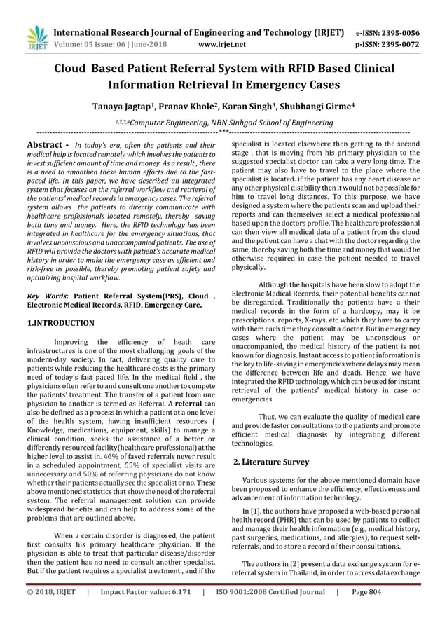 IRJET-Cloud based Patient Referral System with RFID Based Clinical ...