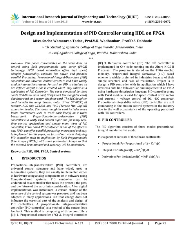 IRJET- Design and Implementation of PID Controller using HDL on FPGA | PDF | Free Download