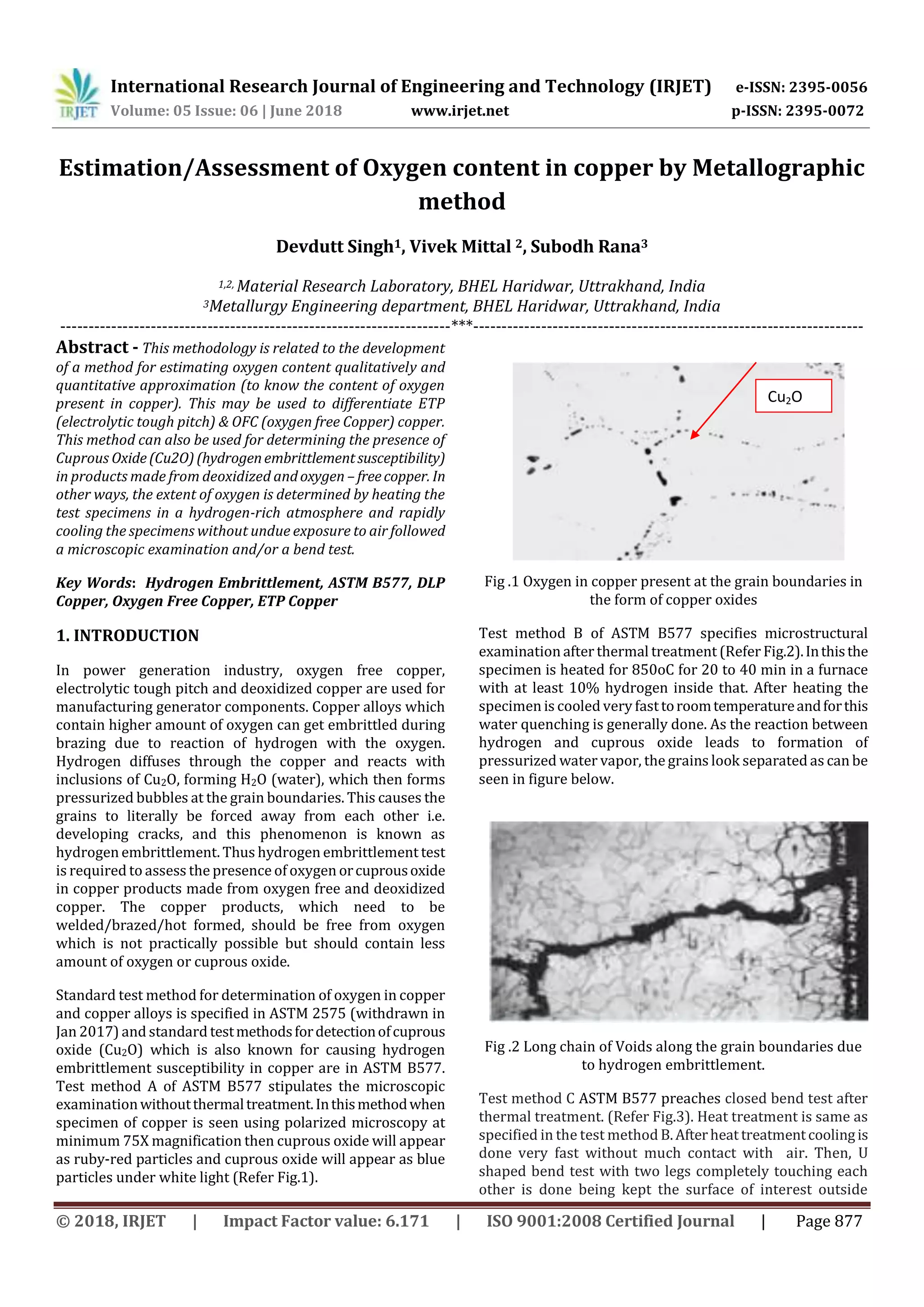 IRJET-Estimation/Assessment of Oxygen Content in Copper by ...