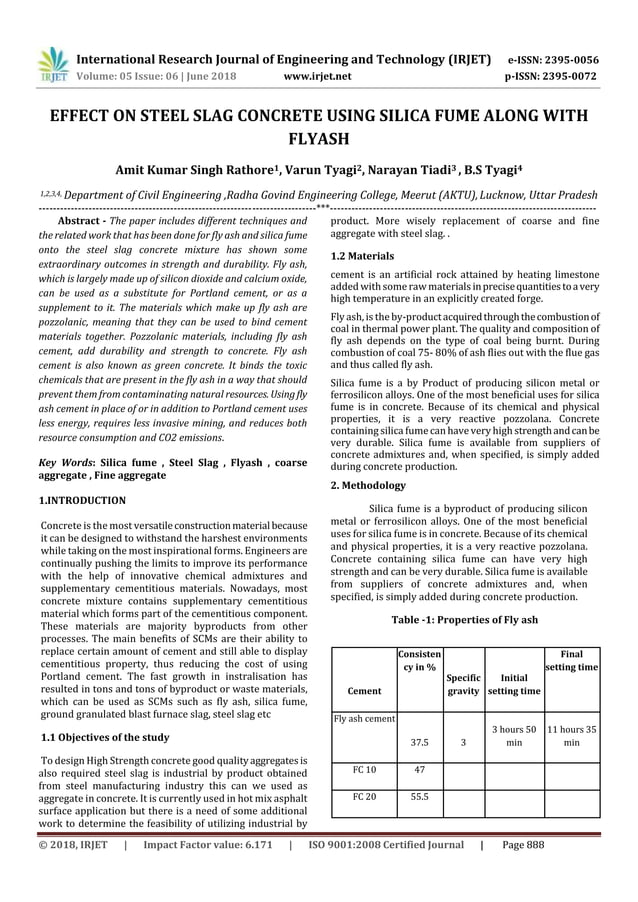 IRJET- Effect on Steel Slag Concrete using Silica Fume along with Flyash | PDF