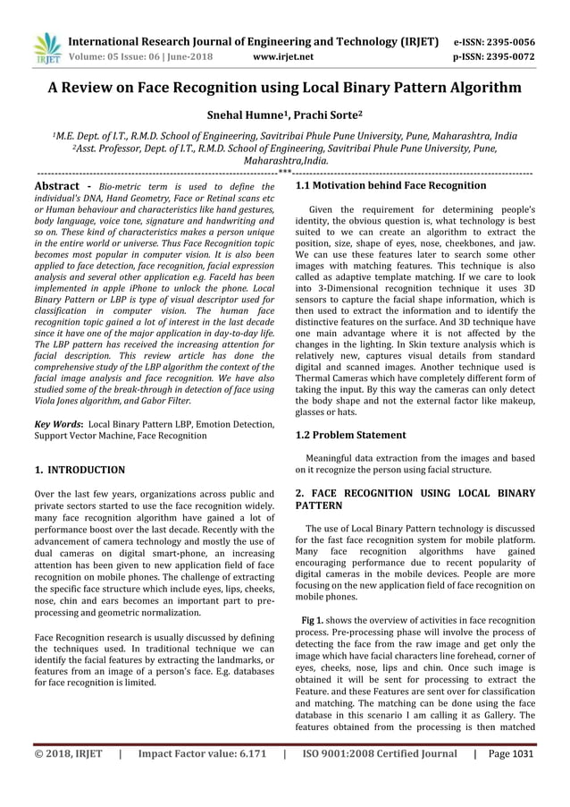 Irjet A Review On Face Recognition Using Local Binary Pattern Algorithm Pdf