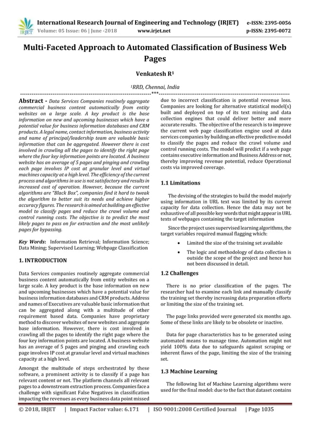 IRJET- Multi-Faceted Approach to Automated Classification of Business Web Pages | PDF