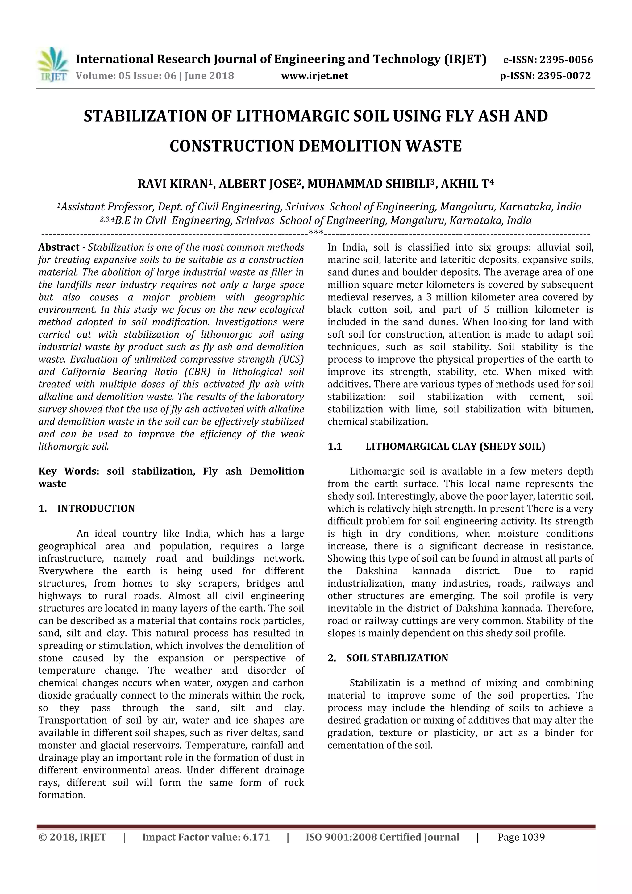 IRJET- Stabilization of Lithomargic Soil using Fly Ash and Construction Demolition Waste | PDF