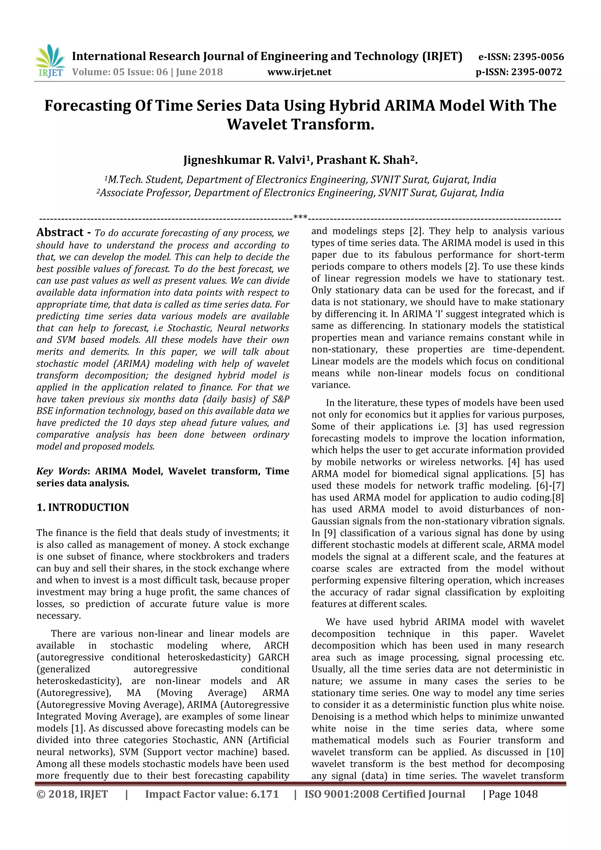 IRJET-Forecasting of Time Series Data using Hybrid ARIMA Model with the Wavelet Transform. | PDF