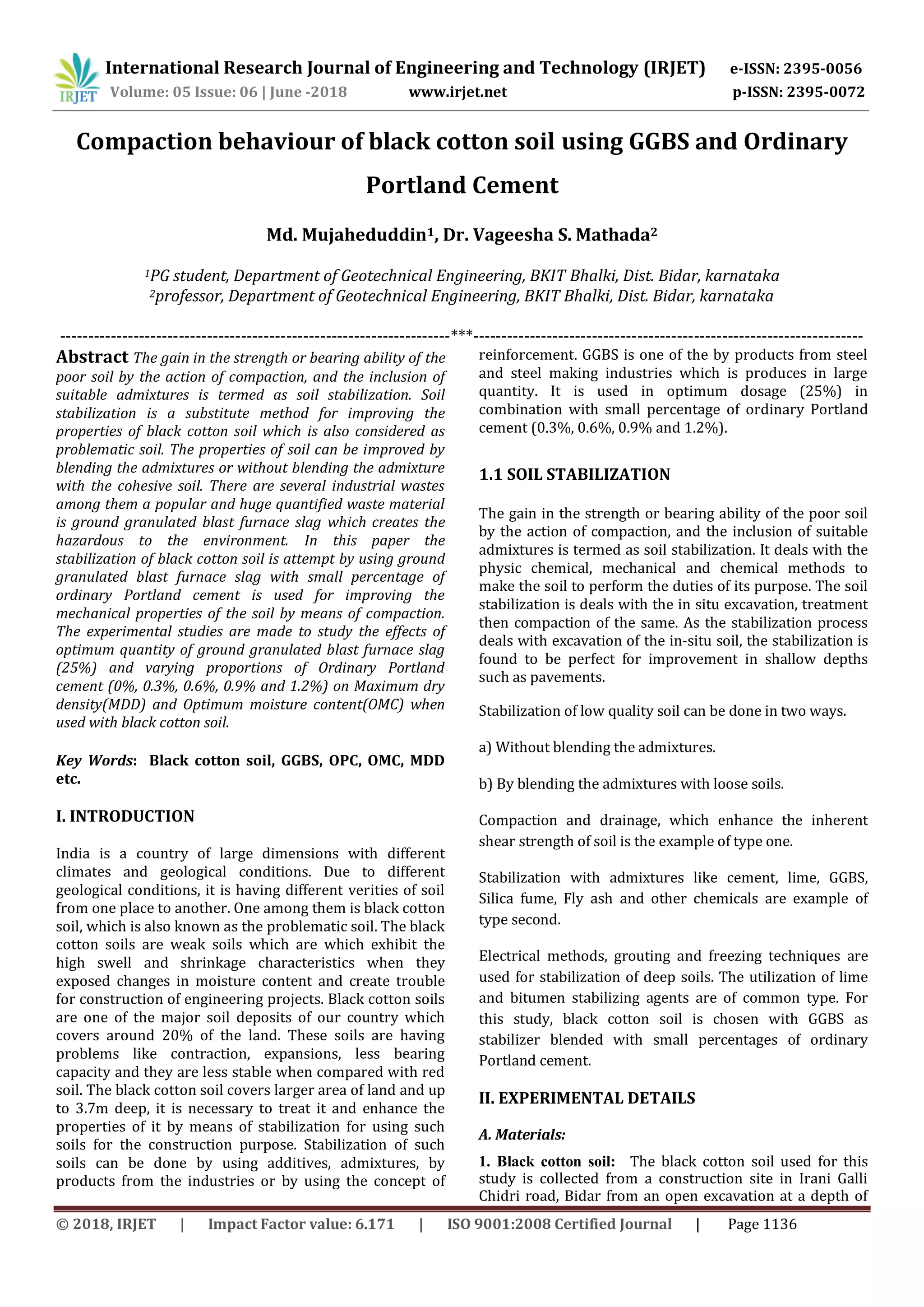 IRJET-Compaction Behaviour of Black Cotton Soil using GGBS and Ordinary ...