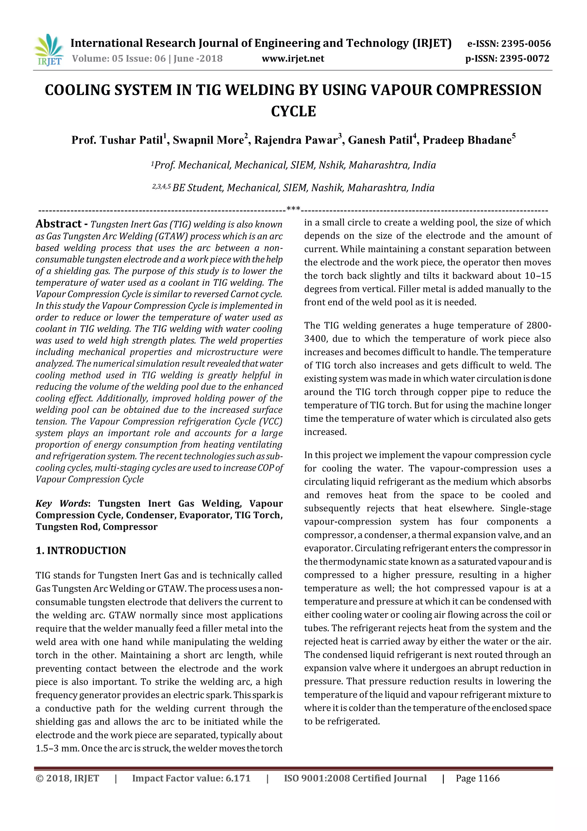 IRJET-Cooling System in TIG Welding by using Vapour Compression Cycle | PDF
