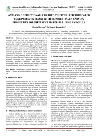 IRJET-Analysis of Functionally Graded Thick Walled Truncated Cone Pressure Vessel with ...
