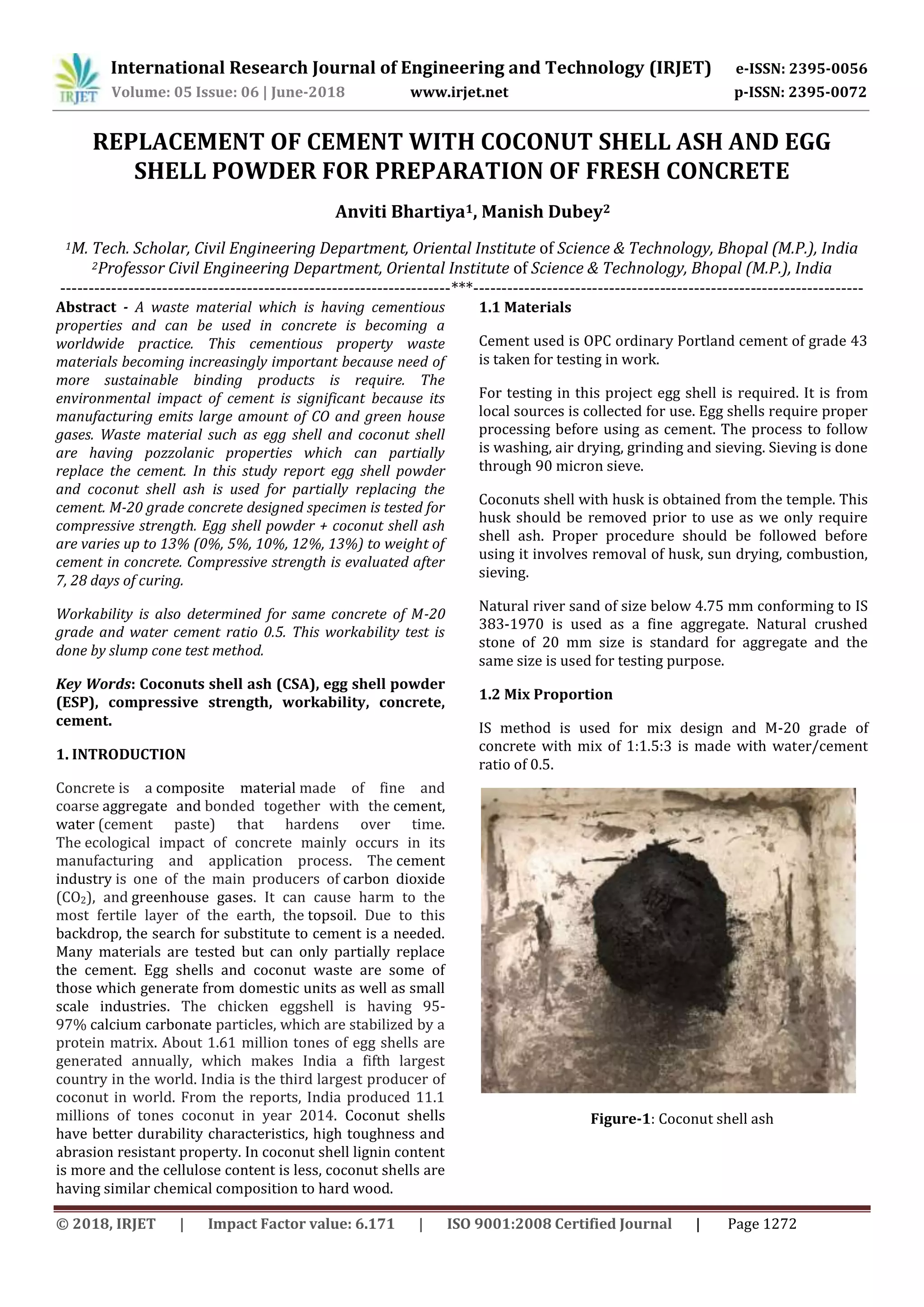 IRJET-Replacement of Cement with Coconut Shell ash and Egg Shell Powder ...