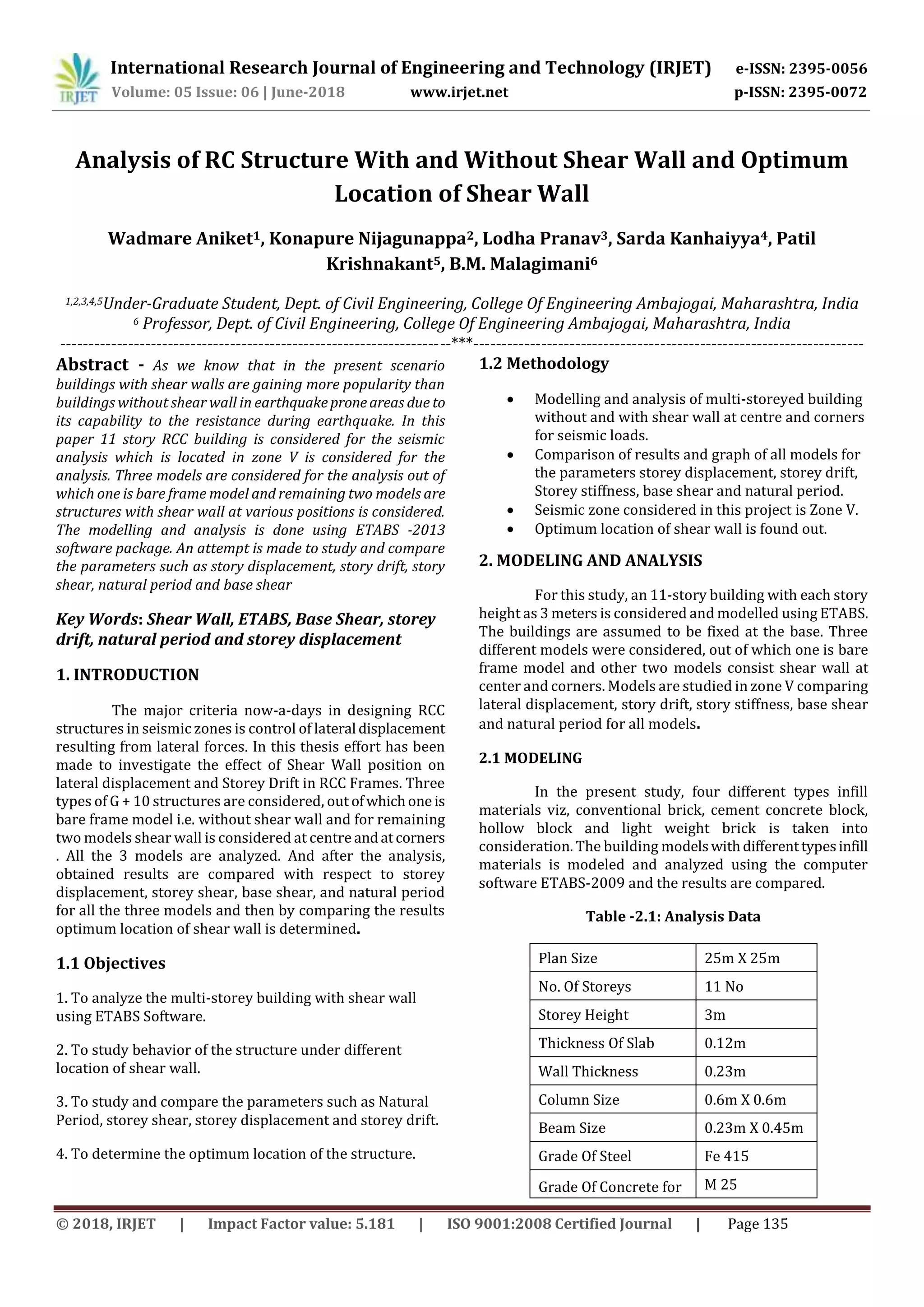 IRJET-Analysis of RC Structure with and without Shear Wall and Optimum Location of Shear Wall | PDF