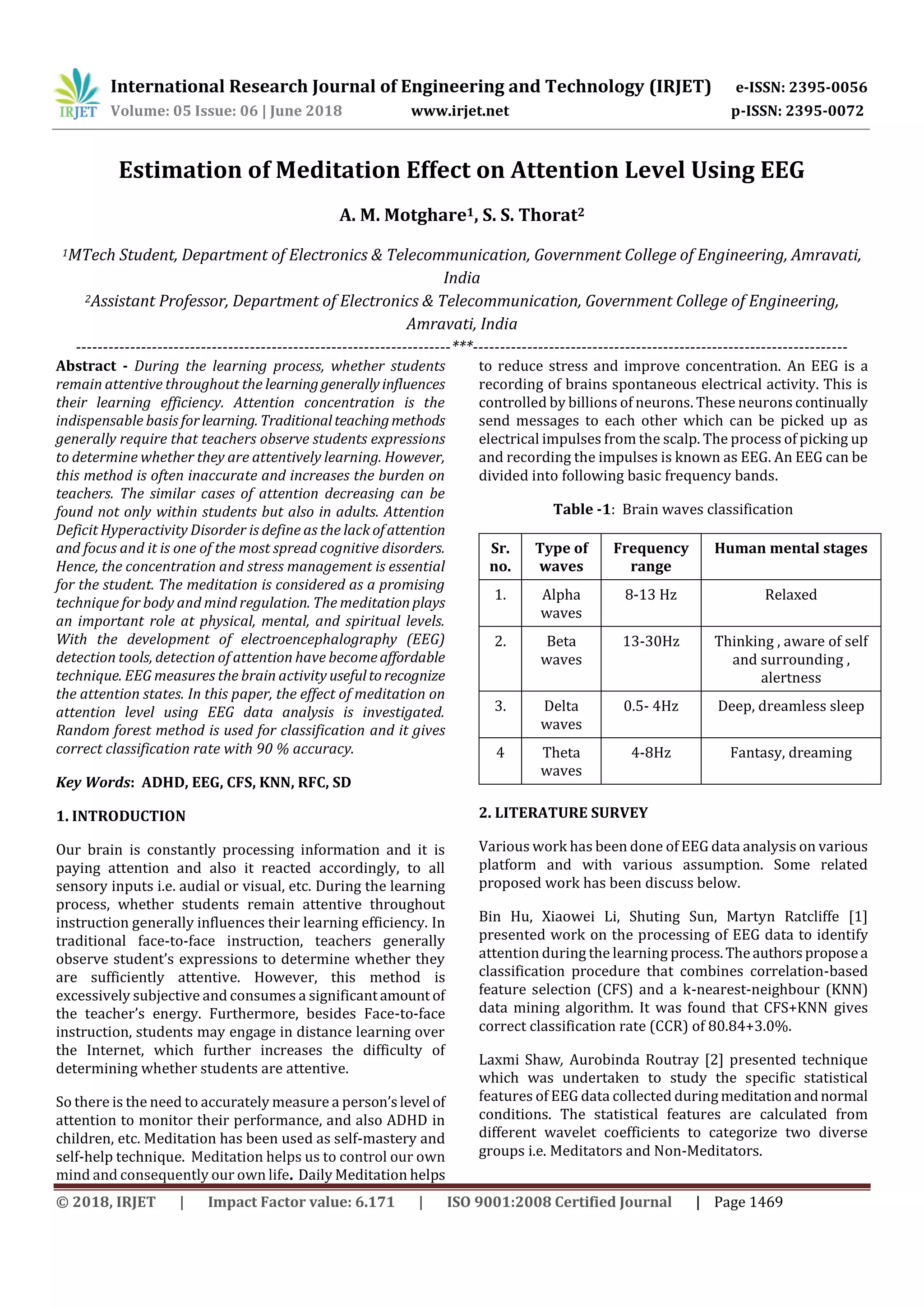 IRJET-Estimation of Meditation Effect on Attention Level using EEG | PDF
