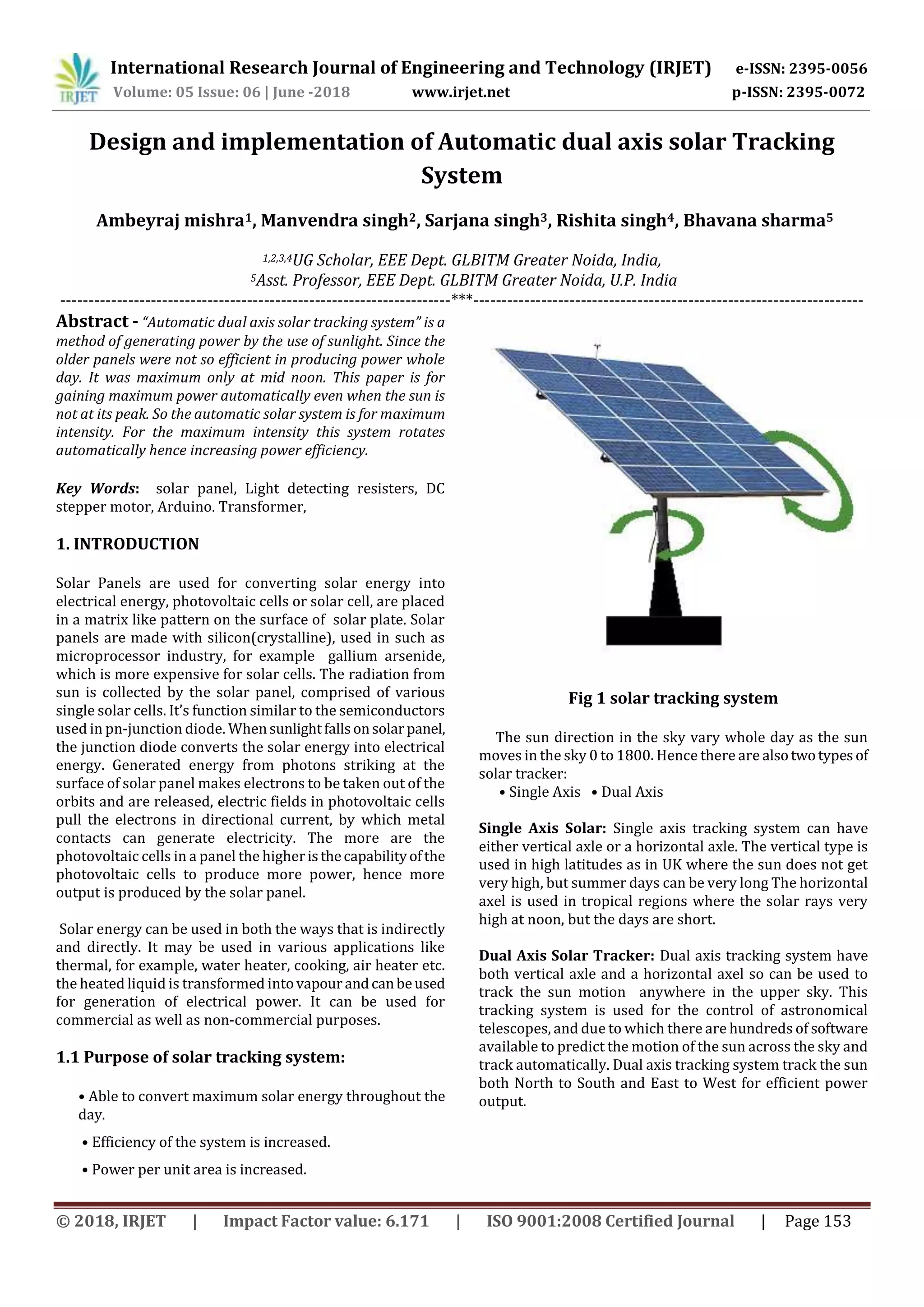 IRJET-Design and Implementation of Automatic Dual Axis Solar Tracking System | PDF