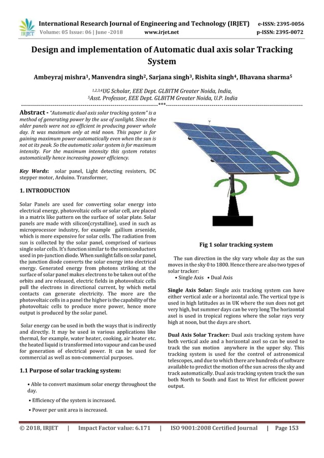 IRJET-Design and Implementation of Automatic Dual Axis Solar Tracking System | PDF | Radio ...