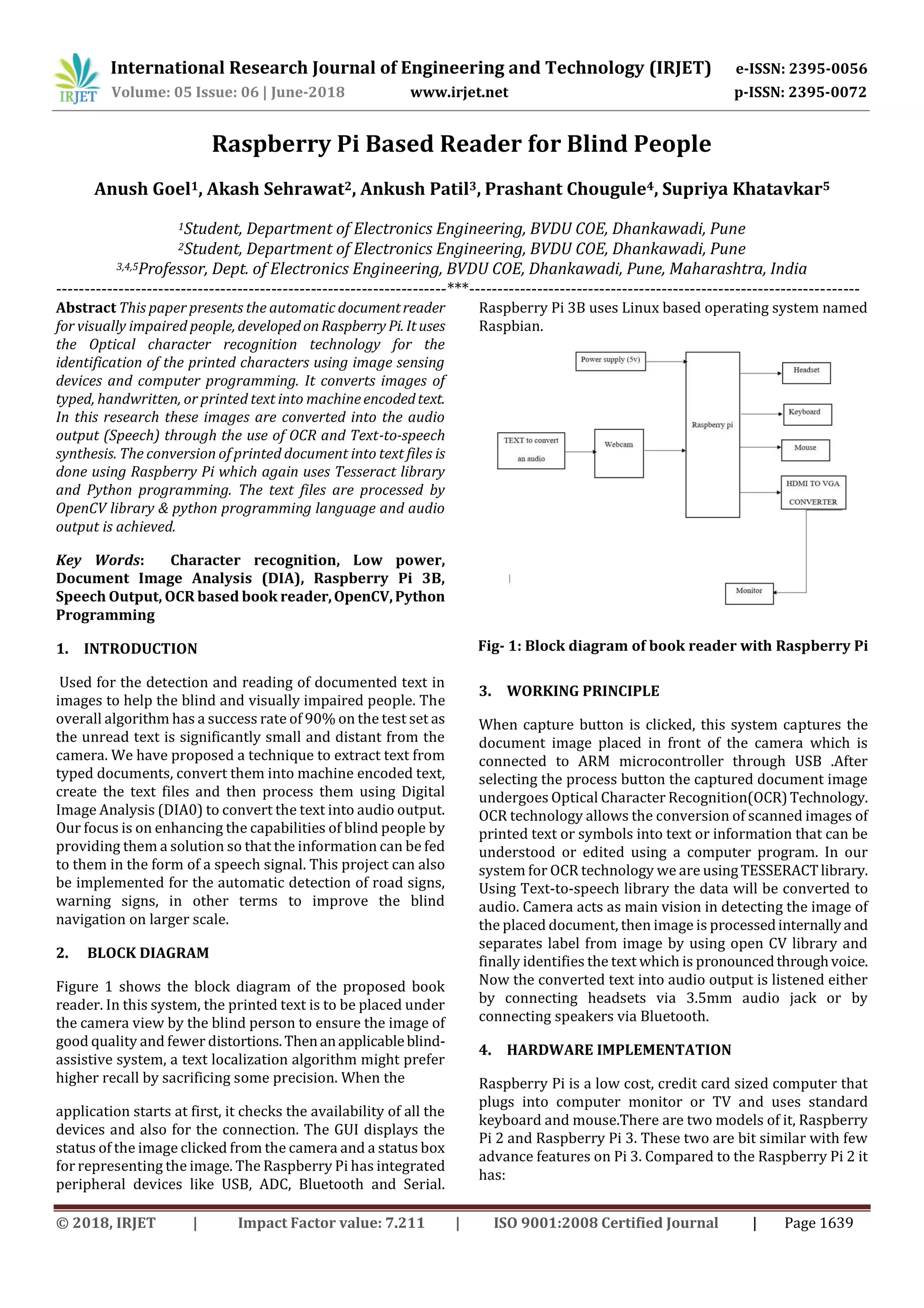 IRJET-Raspberry Pi Based Reader for Blind People | PDF