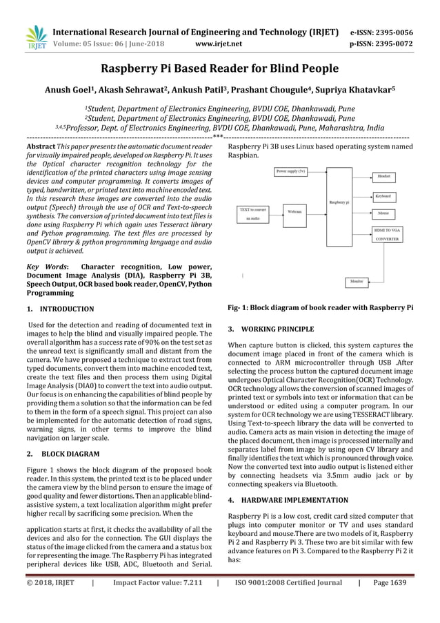 IRJET-Raspberry Pi Based Reader for Blind People | PDF