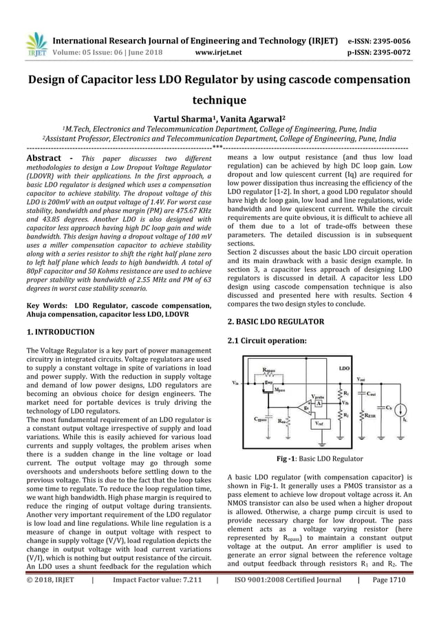 IRJET-Design of Capacitor Less LDO Regulator by using Cascode ...