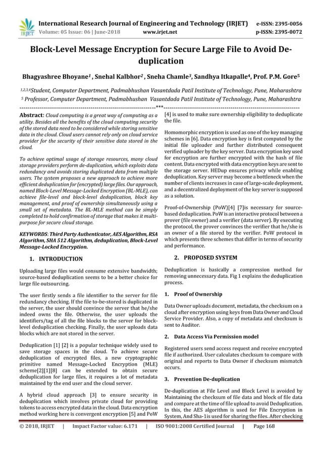 IRJET-Block-Level Message Encryption for Secure Large File to Avoid De-Duplication | PDF