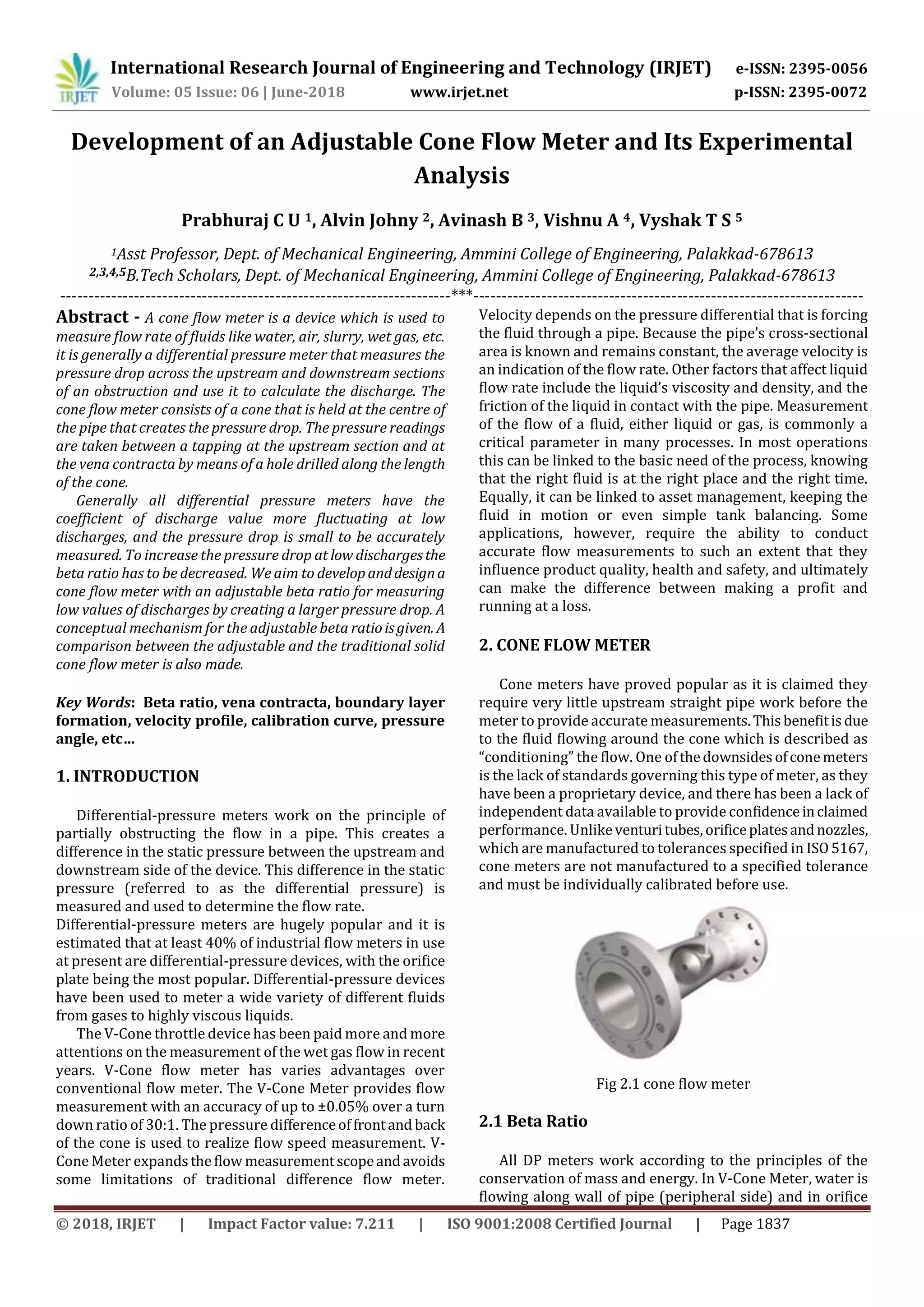 IRJET-Development of an Adjustable Cone Flow Meter and its Experimental ...