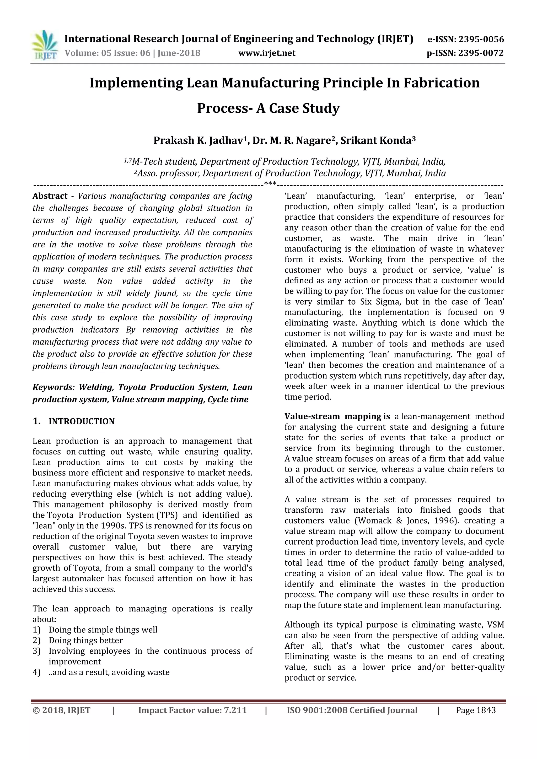 IRJET- Implementing Lean Manufacturing Principle in Fabrication Process- A Case Study | PDF